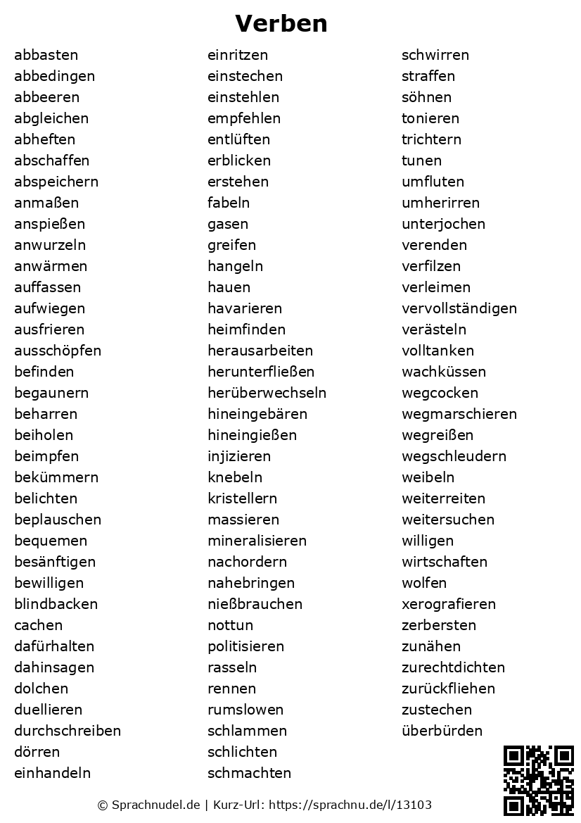 Verben Beispiele - Liste A - Z mit 14.752 Verben nach Verbklassen