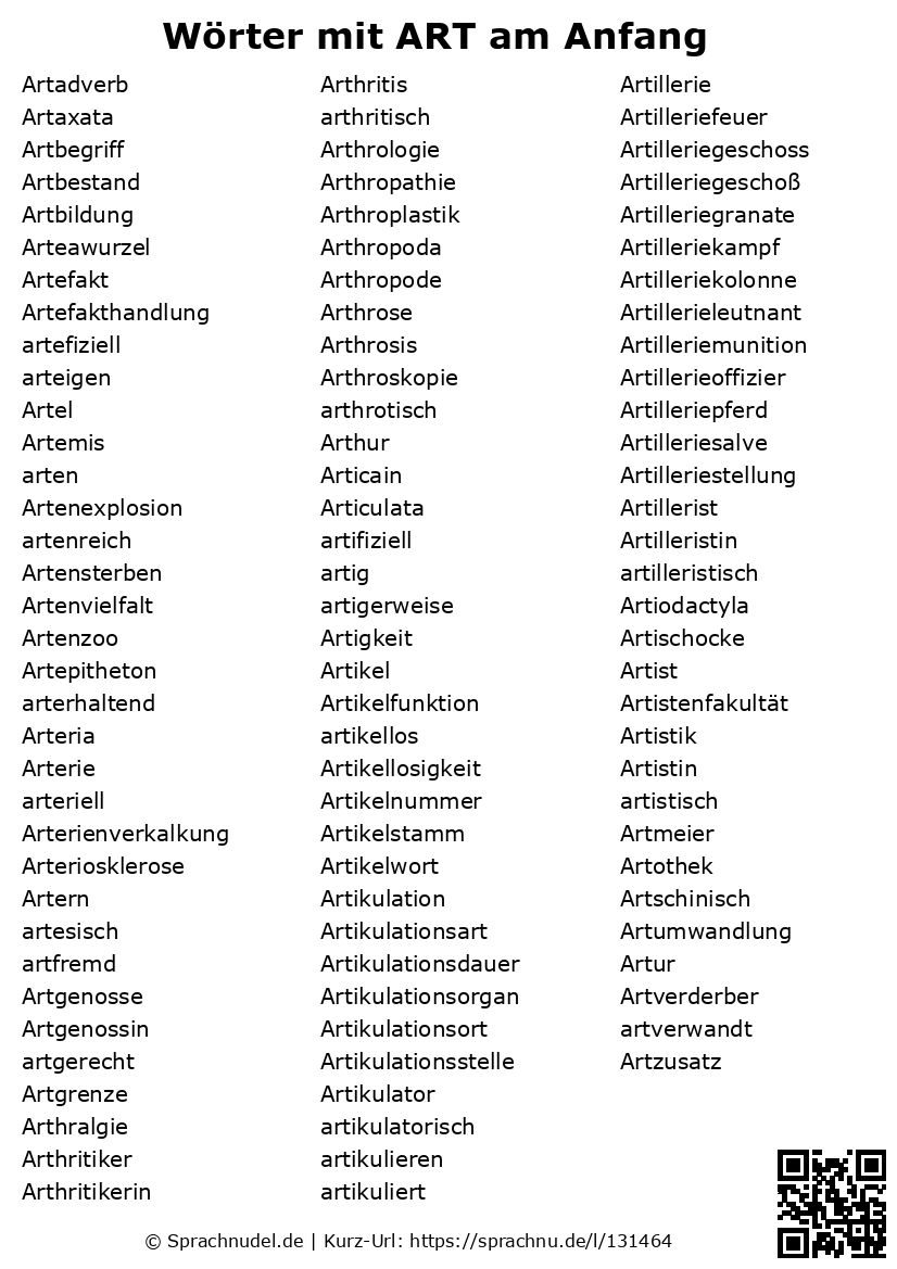 Wörter mit ART am Anfang - mit Bedeutung