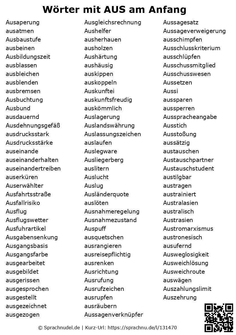 Wörter mit AUS am Anfang - mit Bedeutung
