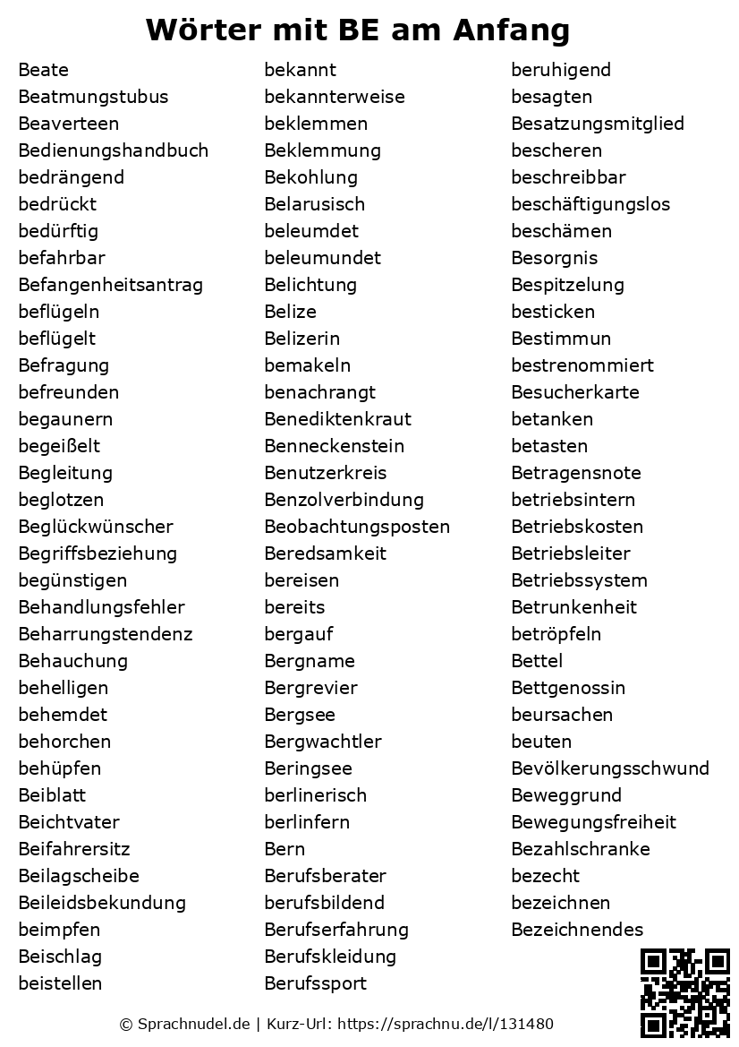 Wörter mit BE am Anfang - mit Bedeutung
