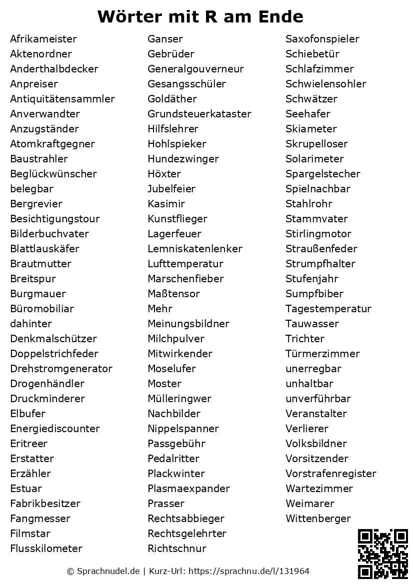 Wörter mit R am Ende - mit Bedeutung