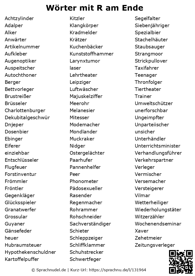 Wörter mit R am Ende - mit Bedeutung