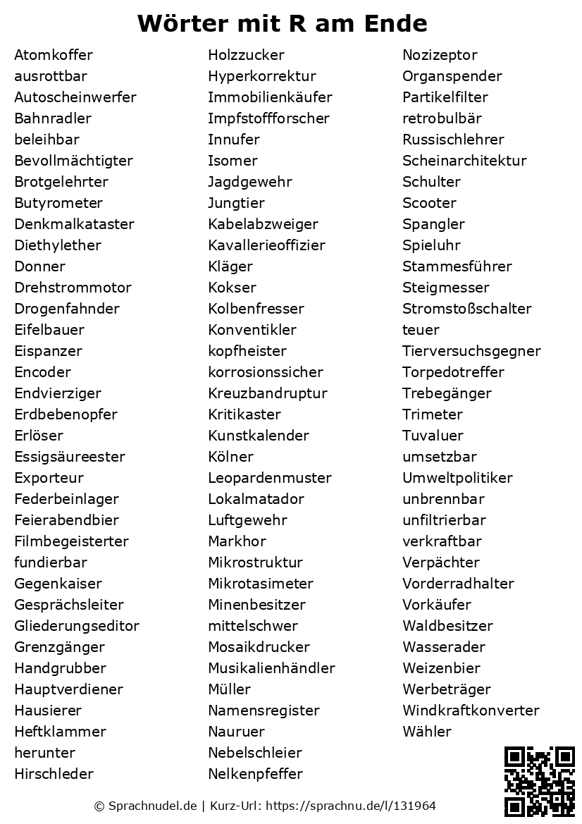 Wörter mit R am Ende - mit Bedeutung