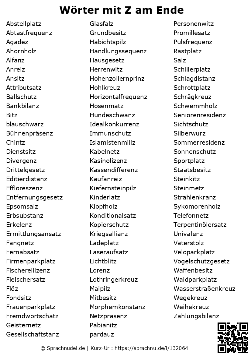 Wörter mit Z am Ende - mit Bedeutung