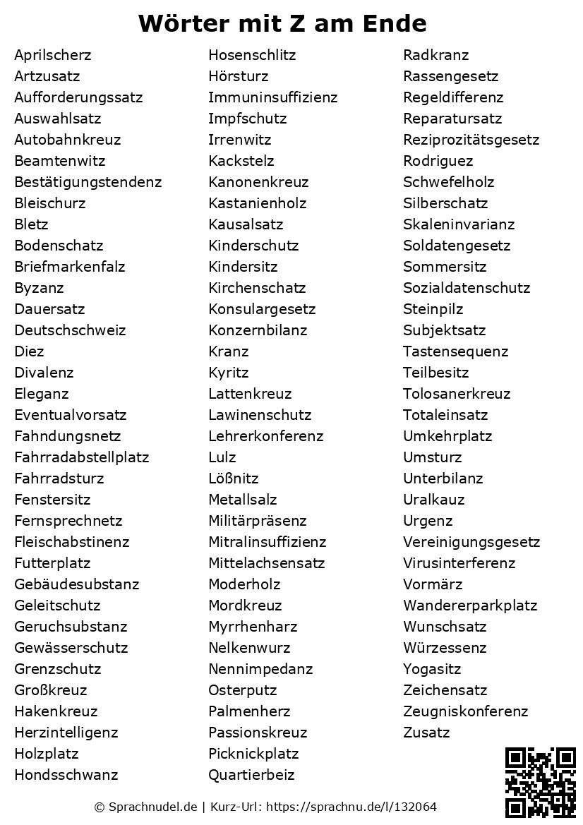 Wörter mit Z am Ende - mit Bedeutung
