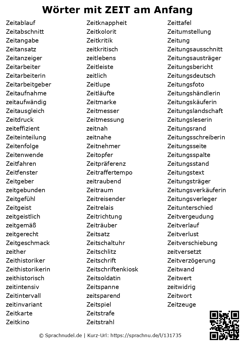 Wörter mit ZEIT am Anfang - mit Bedeutung